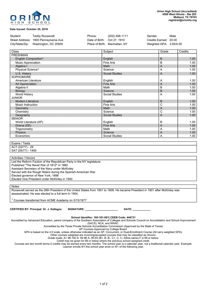 Custom Template For Orion High School Transcript Maker